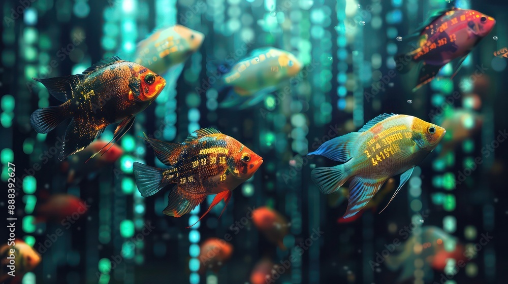 digital finance aquarium where each fish represents a different stock ...