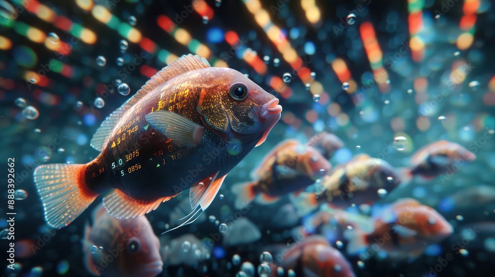 digital finance aquarium where each fish represents a different stock ...