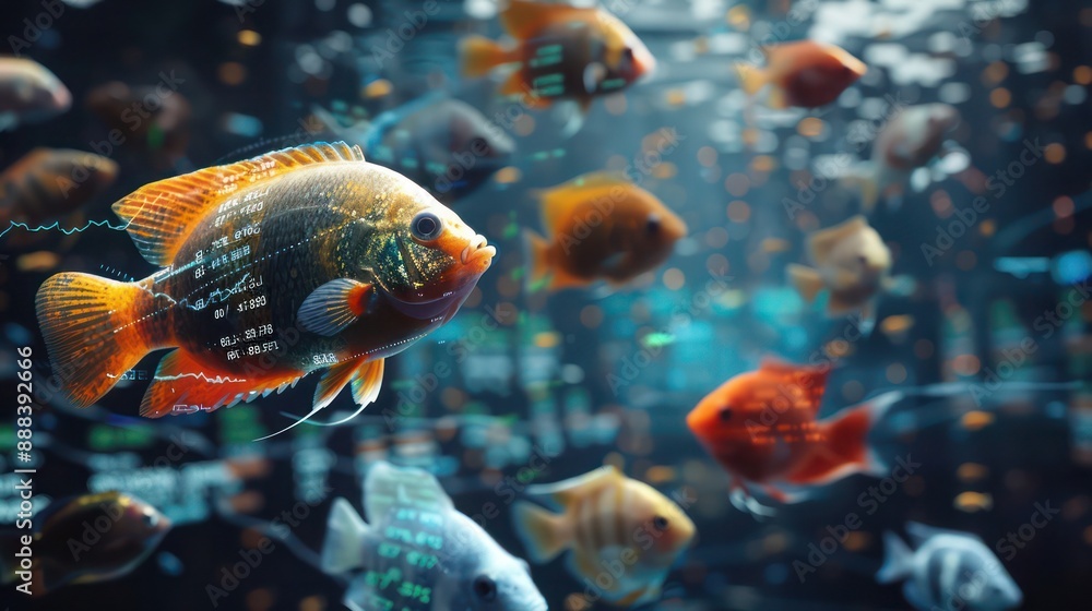 digital finance aquarium where each fish represents a different stock ...