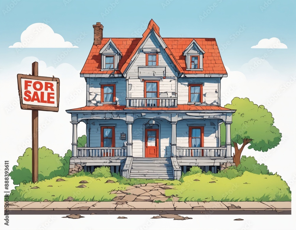 A dilapidated, abandoned home for sale. A modern cartoon drawing of a ...
