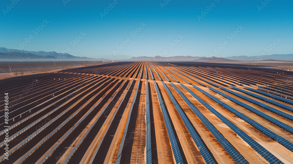 A vast field of solar panels aligned in rows, the energy of the rising ...
