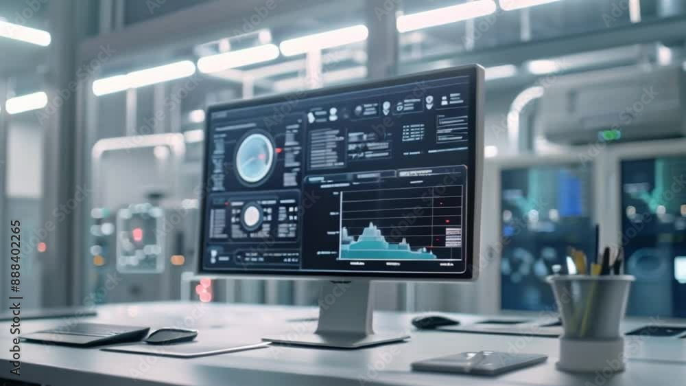 A modern computer workstation with a large monitor displaying data analysis charts and graphs ...