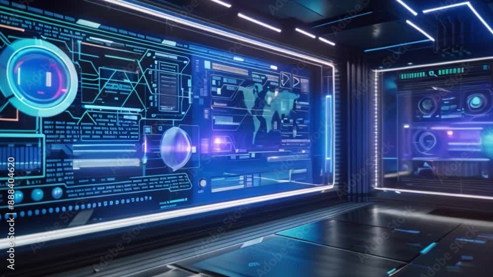 A screenshot of a futuristic room with several large, blue screens ...