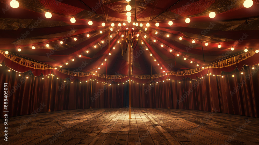 The interior of a spacious and nostalgic circus tent, warmly lit with ...