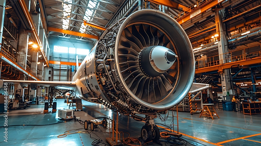 Flight Engineer performing a routine check on a jet engine inside a ...