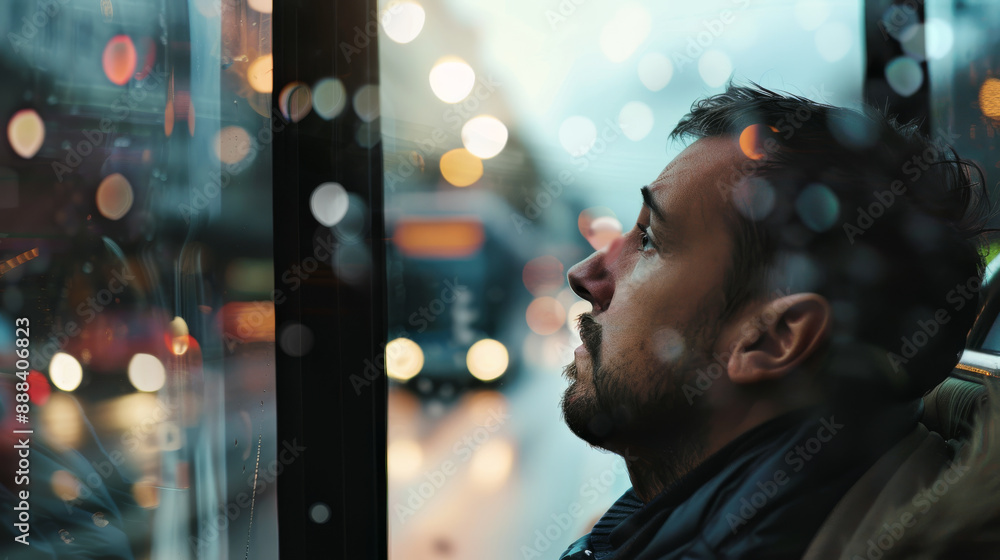 Contemplative man gazing out of a rain-speckled window, with blurred ...