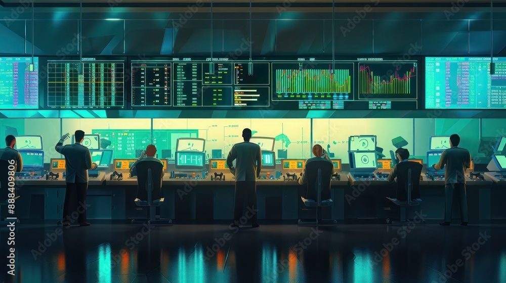 High-tech depiction of a financial risk management workshop, visualized ...