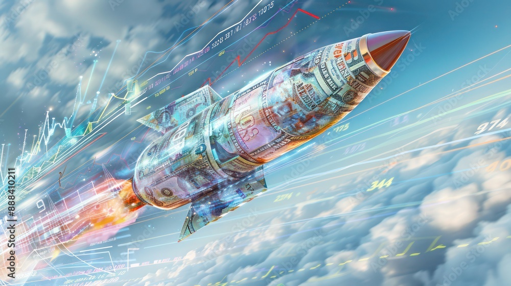 High-resolution digital artwork of an IPO launch, depicted as a rocket ...