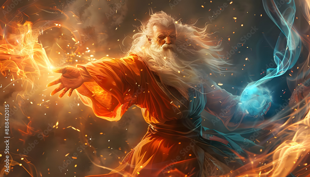 Icon of a mystical wizard wielding elemental magic in a dramatic pose ...