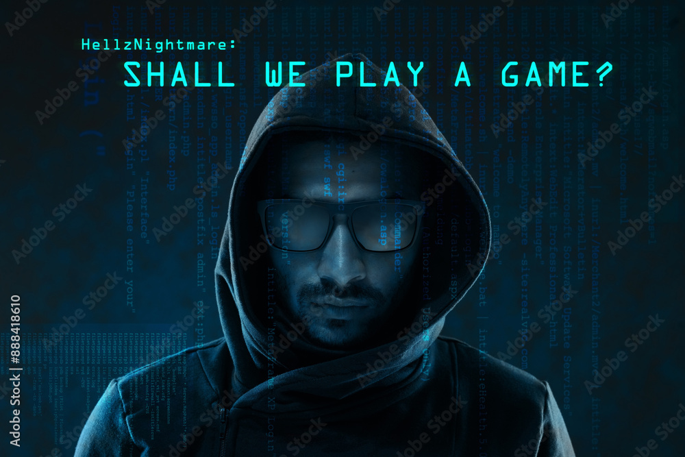 Hologram, crime and dangerous hacker in hoodie on dark or black background with code, fraud and ...