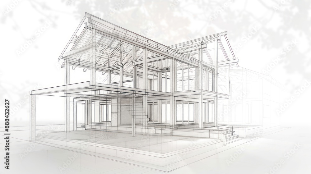 Skeleton of a new house rises, beams and pillars sketching the dream of ...