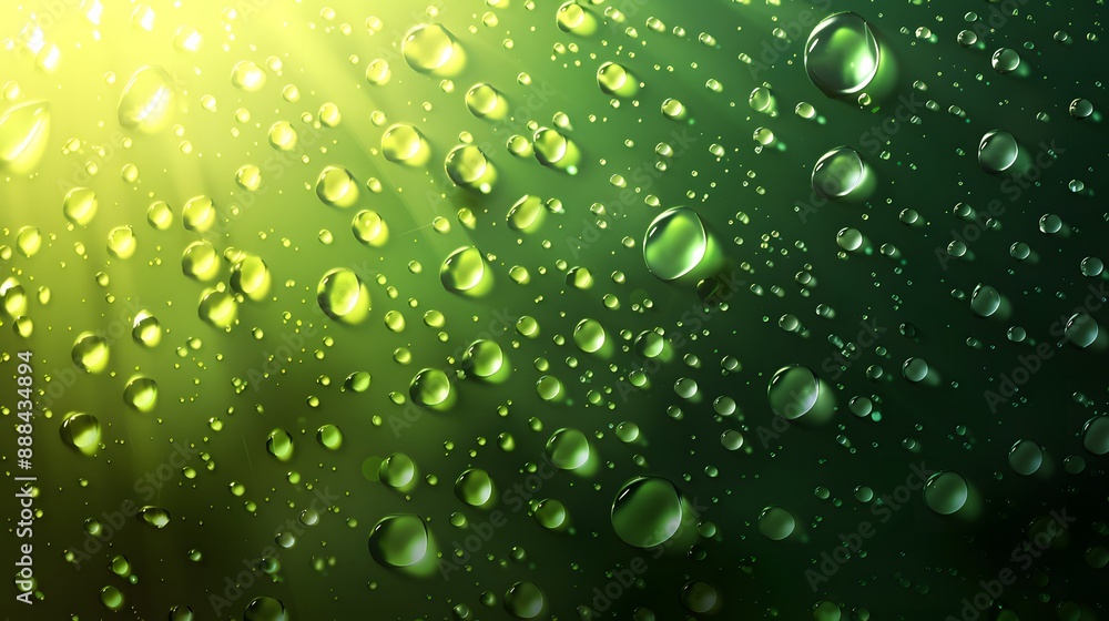Gradient background with rain drops spread across shiny green surface ...