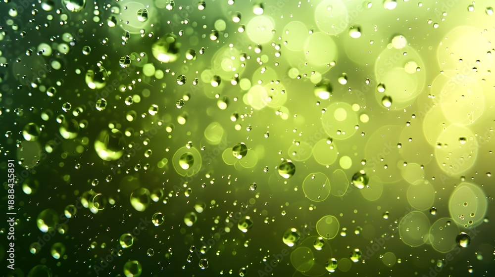 Gradient background with rain drops spread across shiny green surface ...