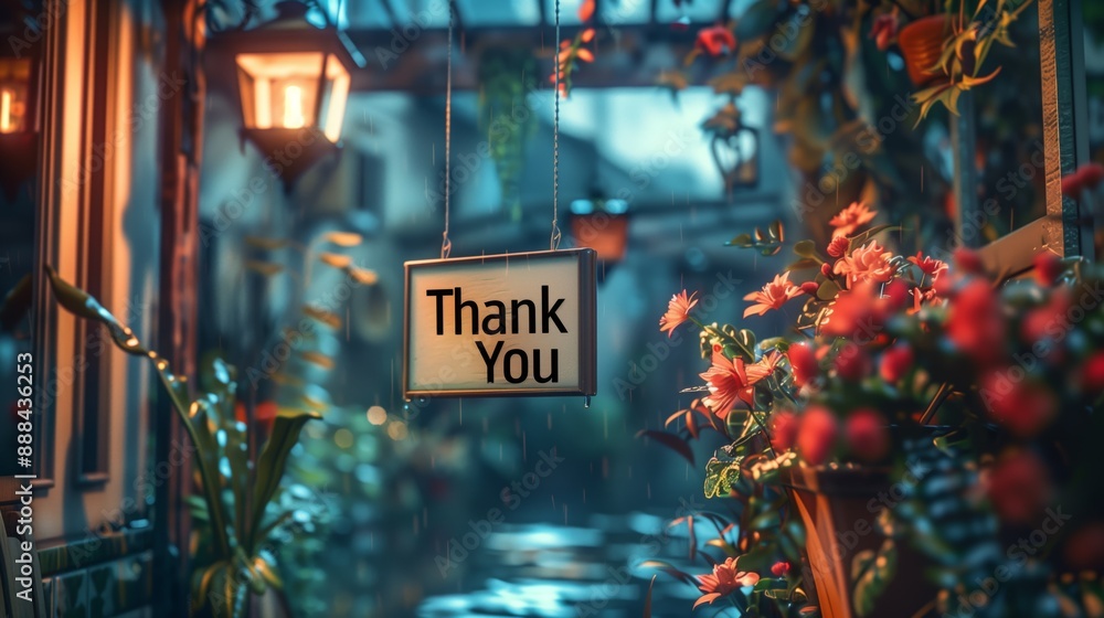Thank You sign hangs outside restaurant on rainy evening, surrounded by ...