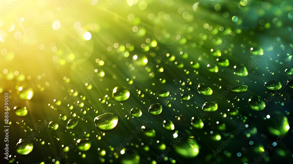 Gradient background with rain drops spread across shiny green surface ...