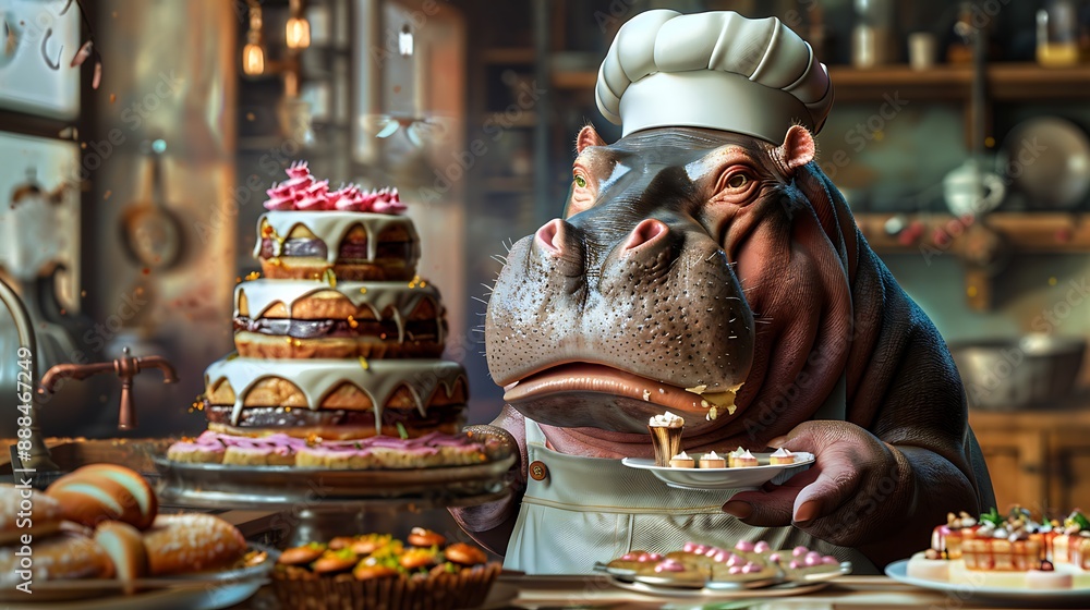 hippopotamus dressed as a baker, decorating a cake, wearing a chef's ...