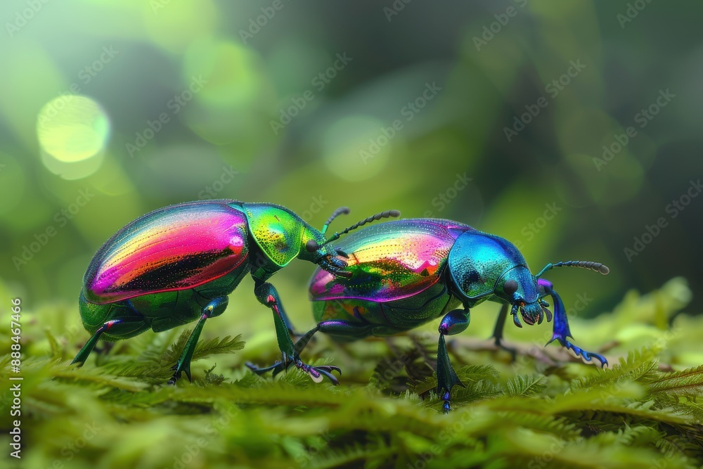 Colorful Beetles, Vibrant iridescent beetles on moss, Jungle Gems Stock ...