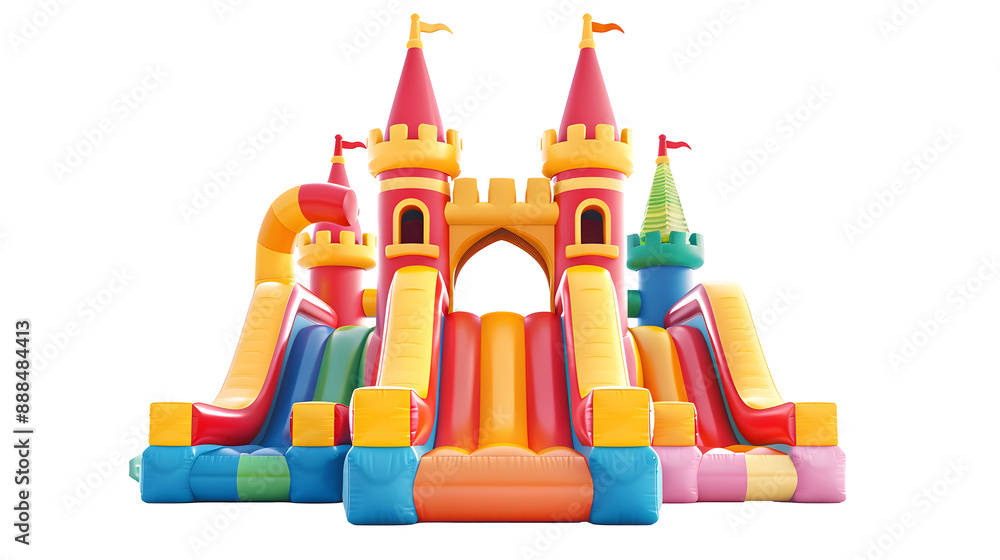 Vibrant bounce house with slides and castle turrets against white ...