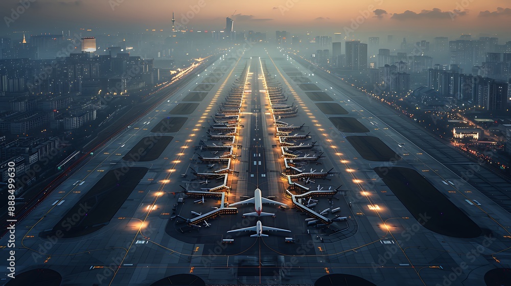 urban airport with a network of elevated runways and terminals ...