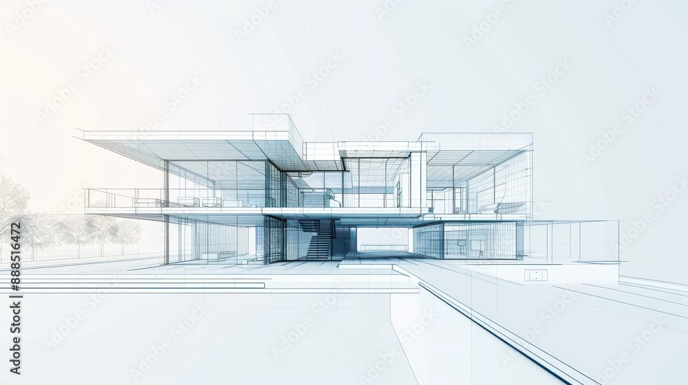 Blueprint of a modern house model, detailed lines, minimalist ...