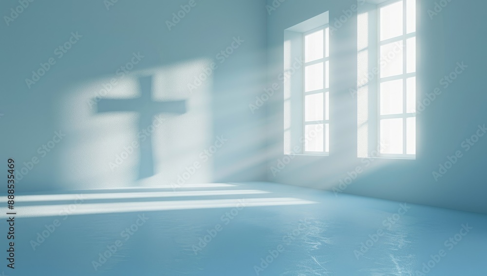 White empty room with a cross on the wall made by shadow from the light ...