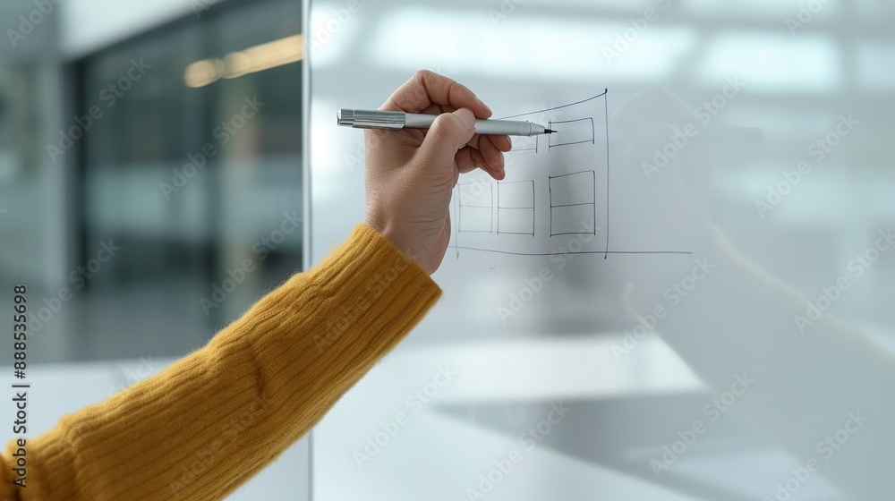 Hands making notes on a whiteboard during a team meeting, illustrating ...