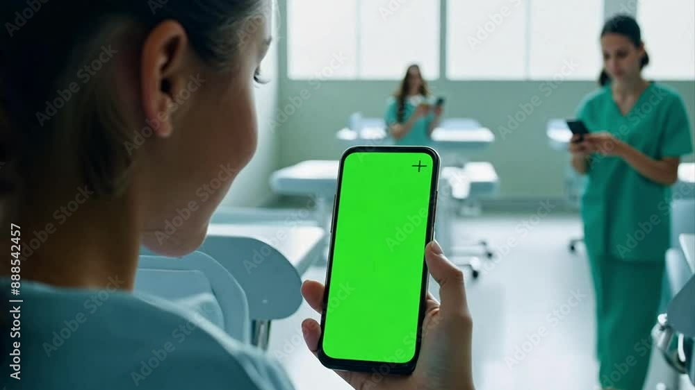 Over the shoulder shot tracking a female nurses smartphone in a ...