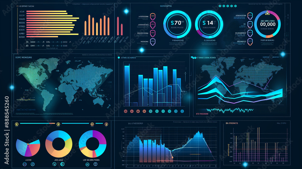 Detailed infographic dashboard template with flat design graphs and pie ...