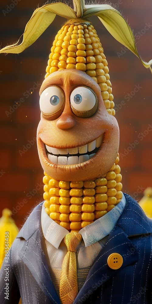 Smiling animated corn character dressed in a blue suit with a yellow ...