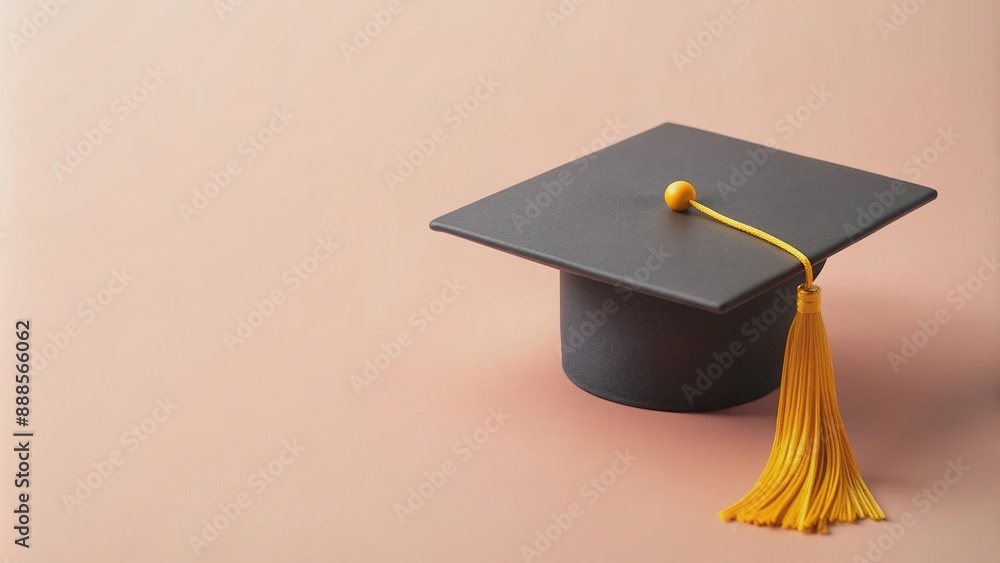 Black graduation cap with yellow tassel on pastel peach pink background ...