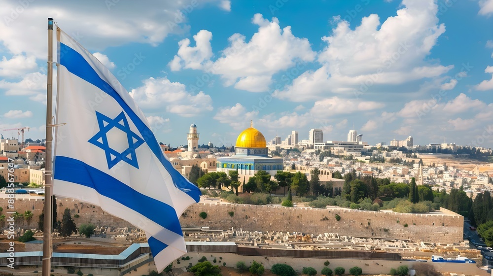 Jerusalem skyline with Israeli flag iconic landmark Stock Photo | Adobe ...