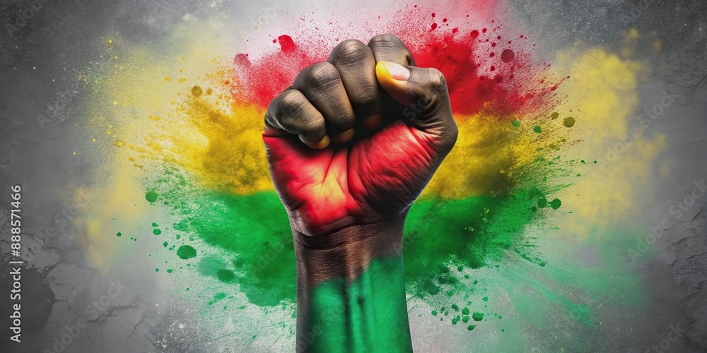 Powerful fist raised in celebration of Juneteenth with vivid paint ...