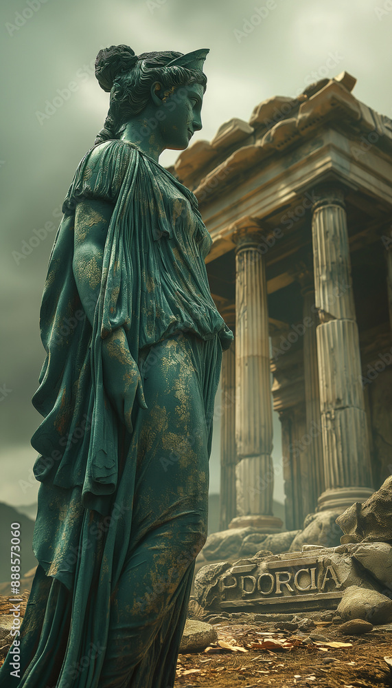 Cena cinematográfica da estátua da filósofa estoica "PORCIA", filha de ...