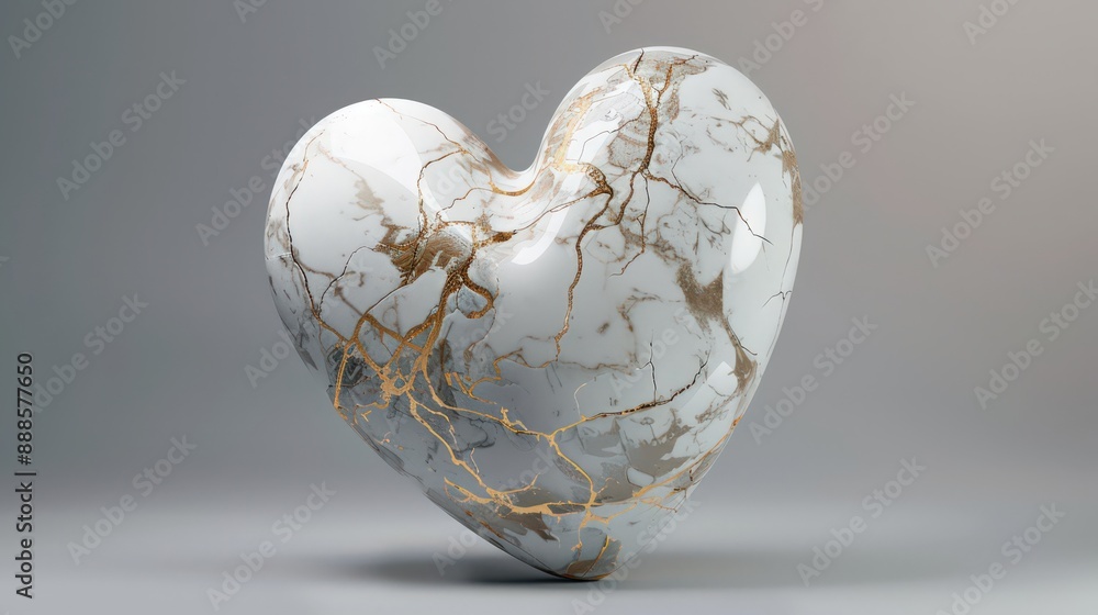 Detailed textures of a 3D white marble heart with golden veins grace a ...