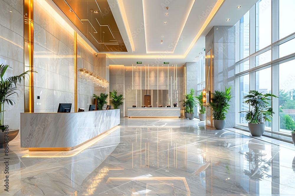 Elegant modern hotel lobby with marble floor, reception desk, and ...