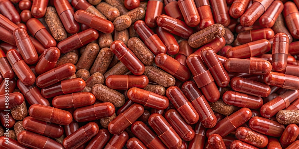Red capsules of vitamins and herbal medicine including ashwagandha and ...