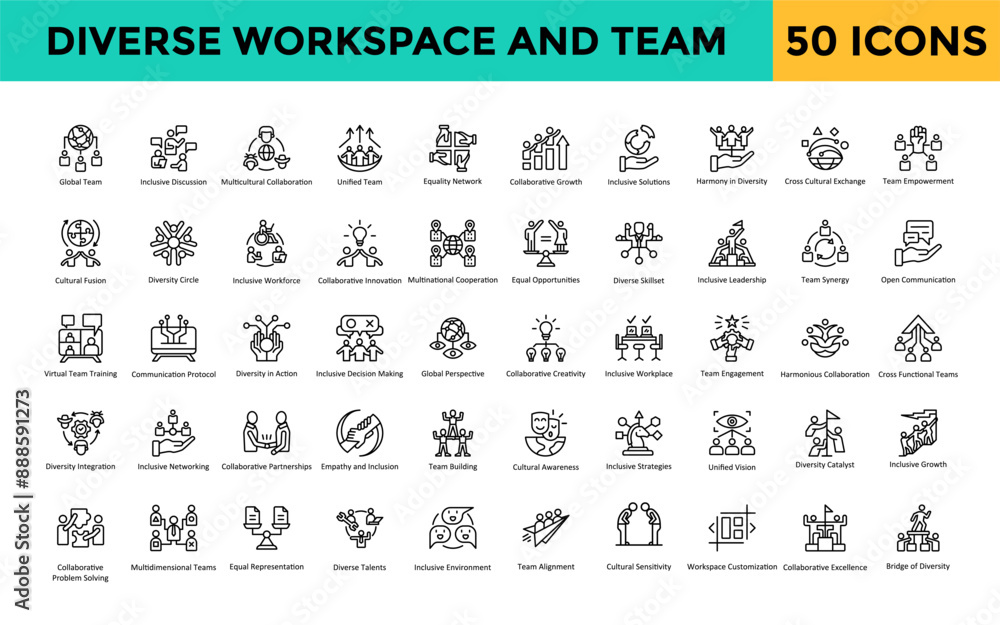Diverse workspace and team icon set with global team, inclusive ...