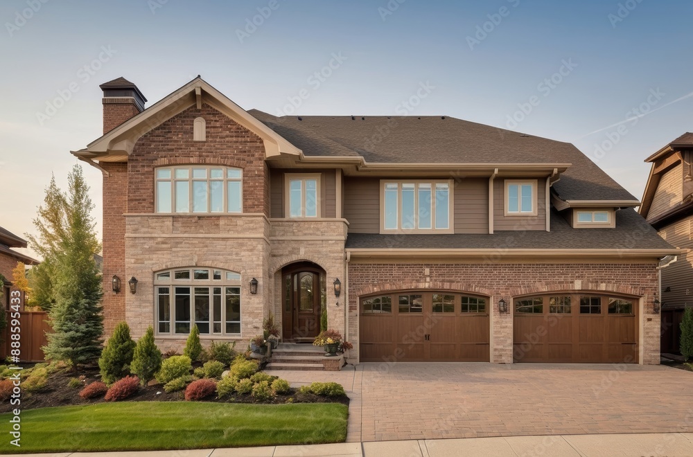 Modern two-story brick house with double garage doors Stock Photo ...
