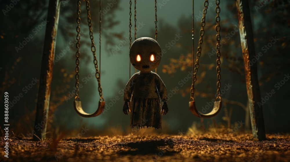 Creepy doll with glowing eyes standing between swings in an eerie ...