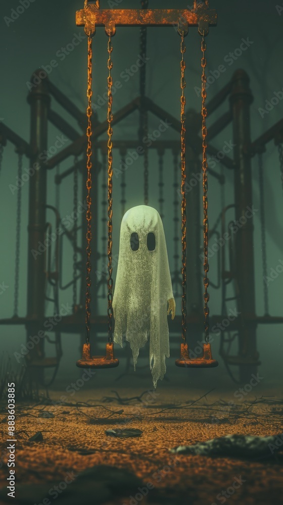 Spooky ghost figure haunting an old, eerie playground swing at night ...