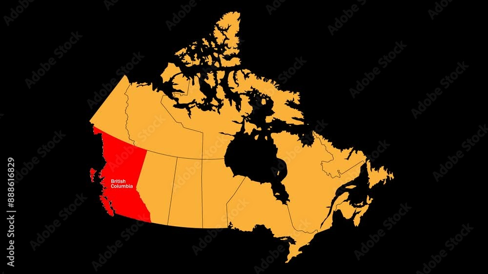 British Columbia map animated video. Location is highlighted on the ...