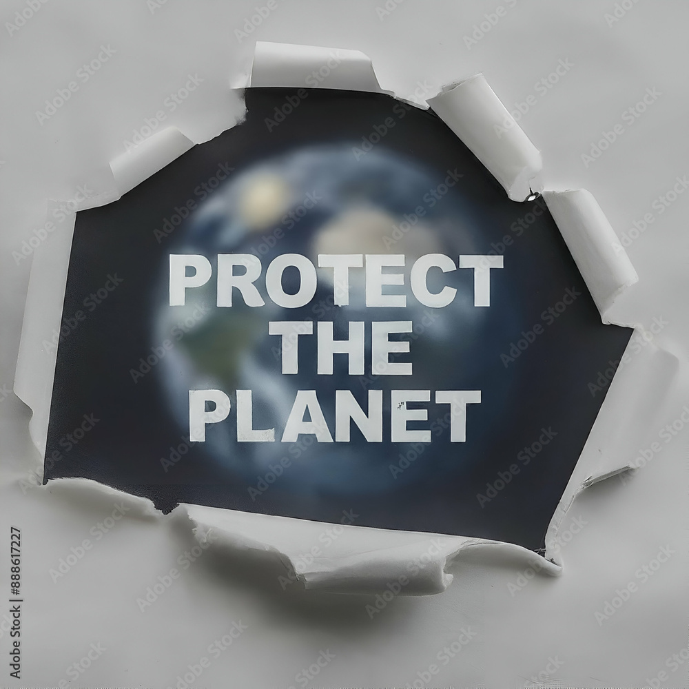 Torn paper revealing the text Protect the Planet on blurry image of ...