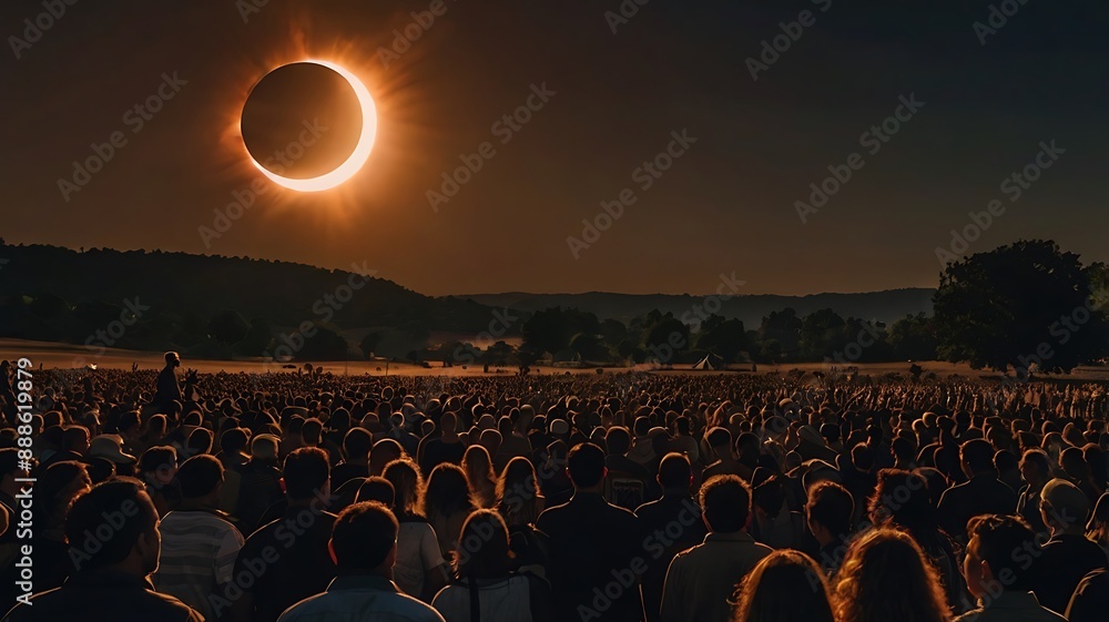 Crowd of people watching an annular solar eclipse, illustration for the ...