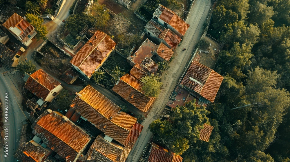beautiful overhead top down bird eye perspective view on a town village ...