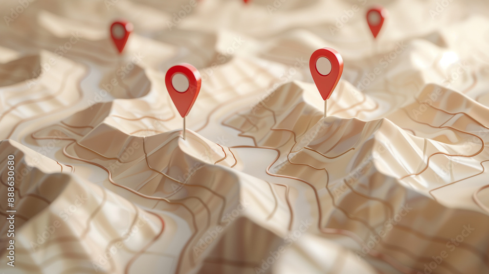 3D Topographic Map with Red Location Pins.. Stock Illustration | Adobe ...