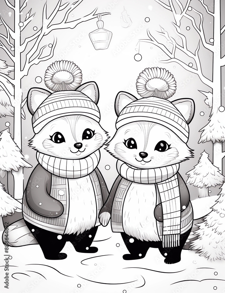 Cute baby fox couple in winter , coloring page for kids with crisp ...