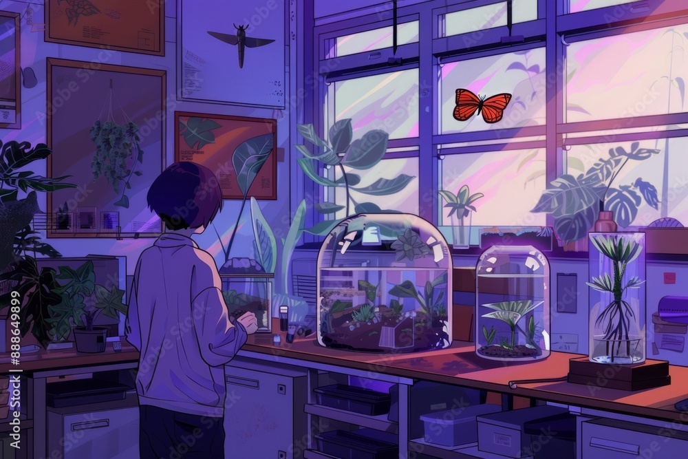 A biology classroom with terrariums and posters of plant anatomy ...