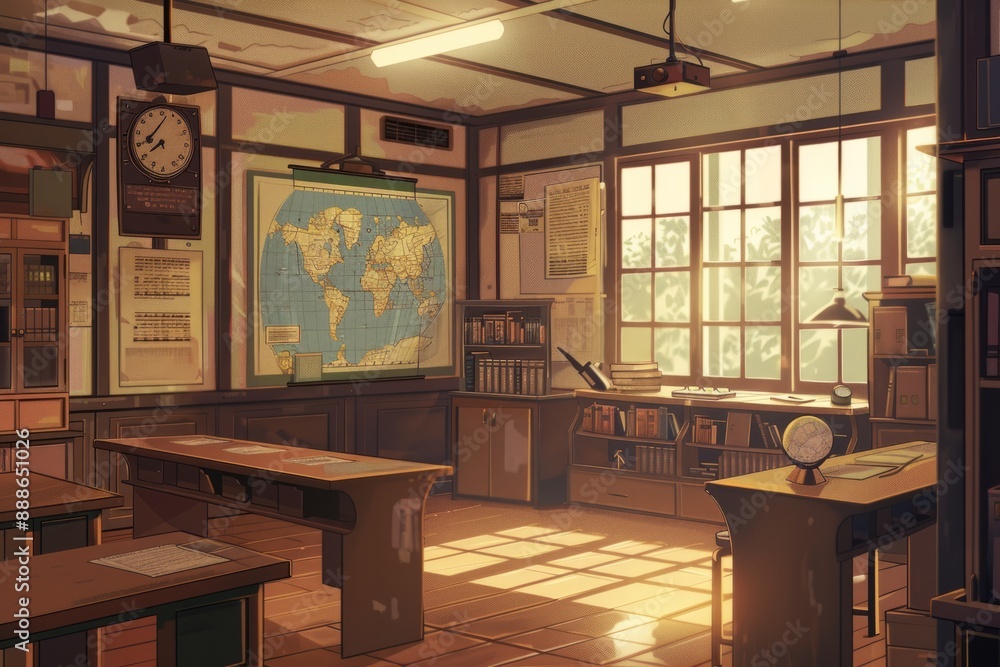 A history classroom with maps and artifacts displayed. Someone gives a ...