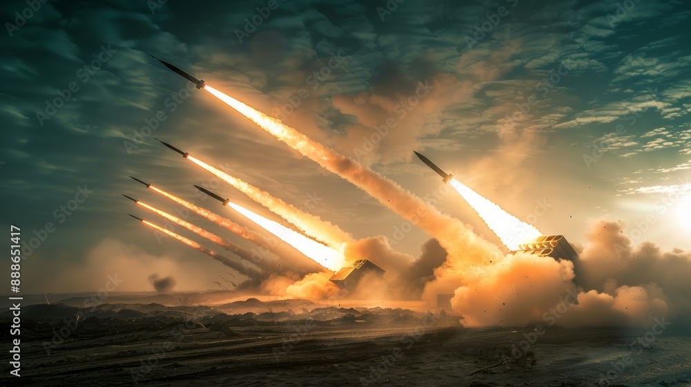 Image of firing a multiple-barreled rocket system. artillery rocket ...