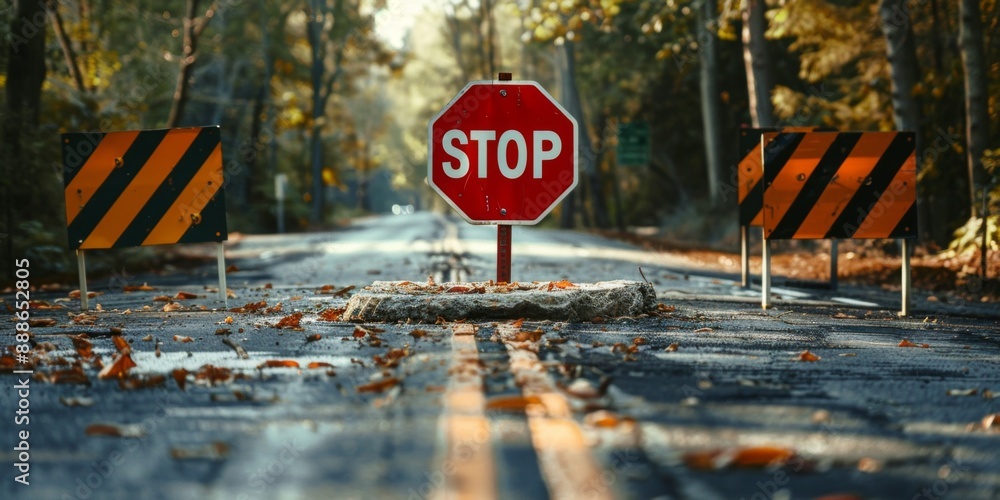 Red Stop Sign on a Closed Road: A Prominent Display of Caution and ...